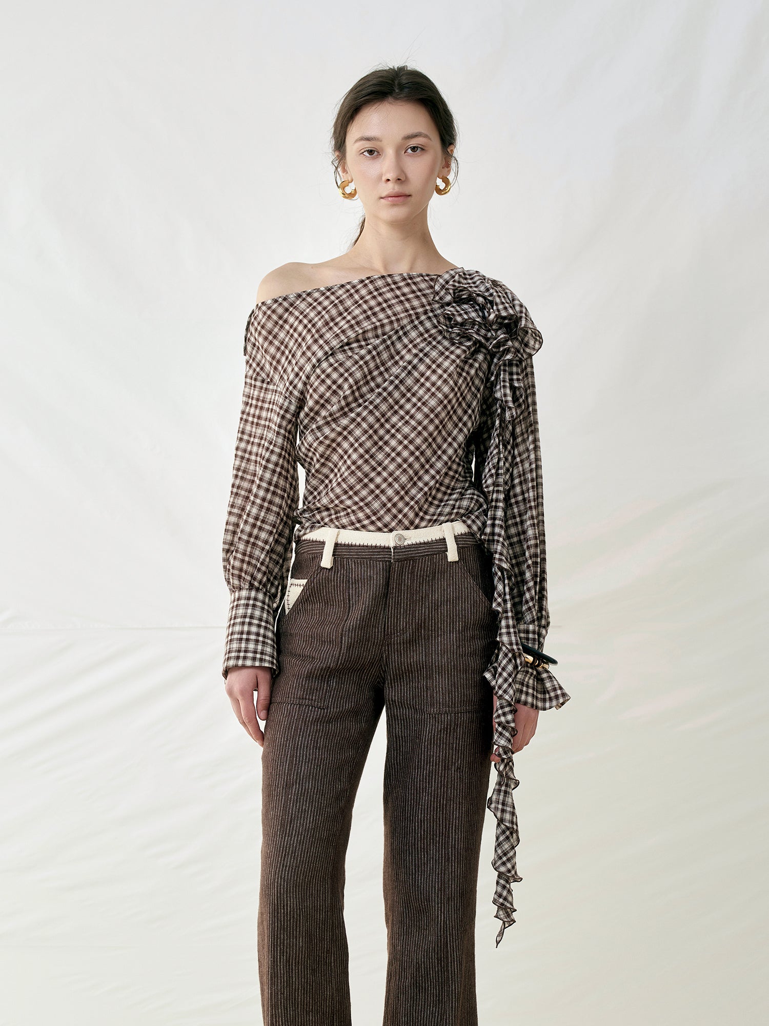 Asymmetrical Shoulder Plaid Ruffle Top
